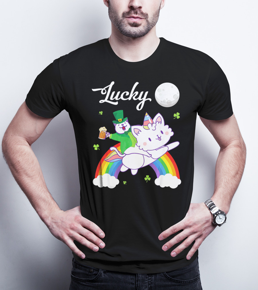 Lucky Leprechaun Cat Riding Unicorn Cat Over Rainbow With Beer And Moon T-Shirt