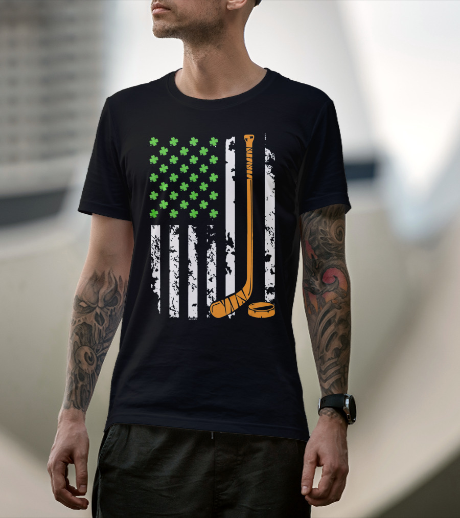 Irish American Hockey Sticks And Shamrocks Flag T-Shirt