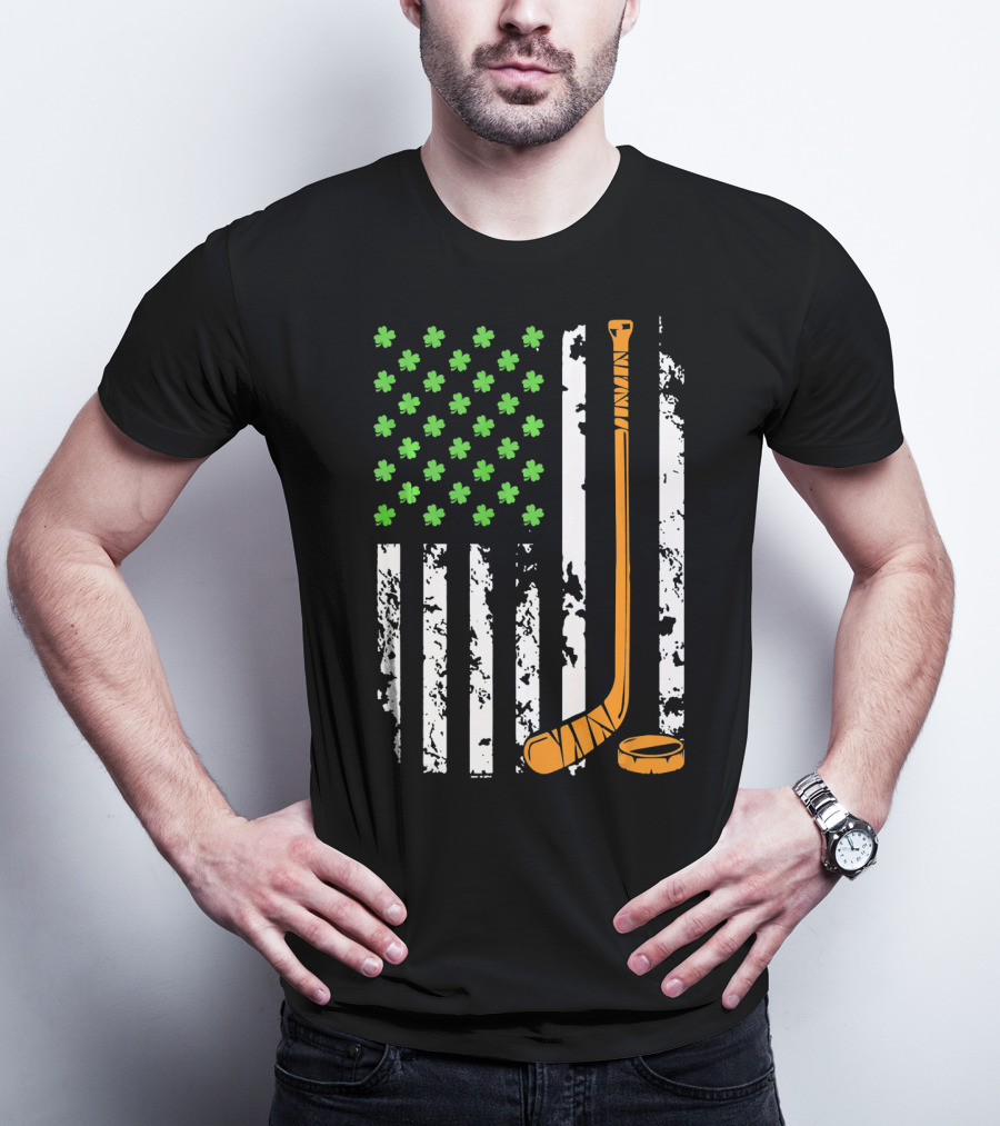 Irish American Hockey Sticks And Shamrocks Flag T-Shirt
