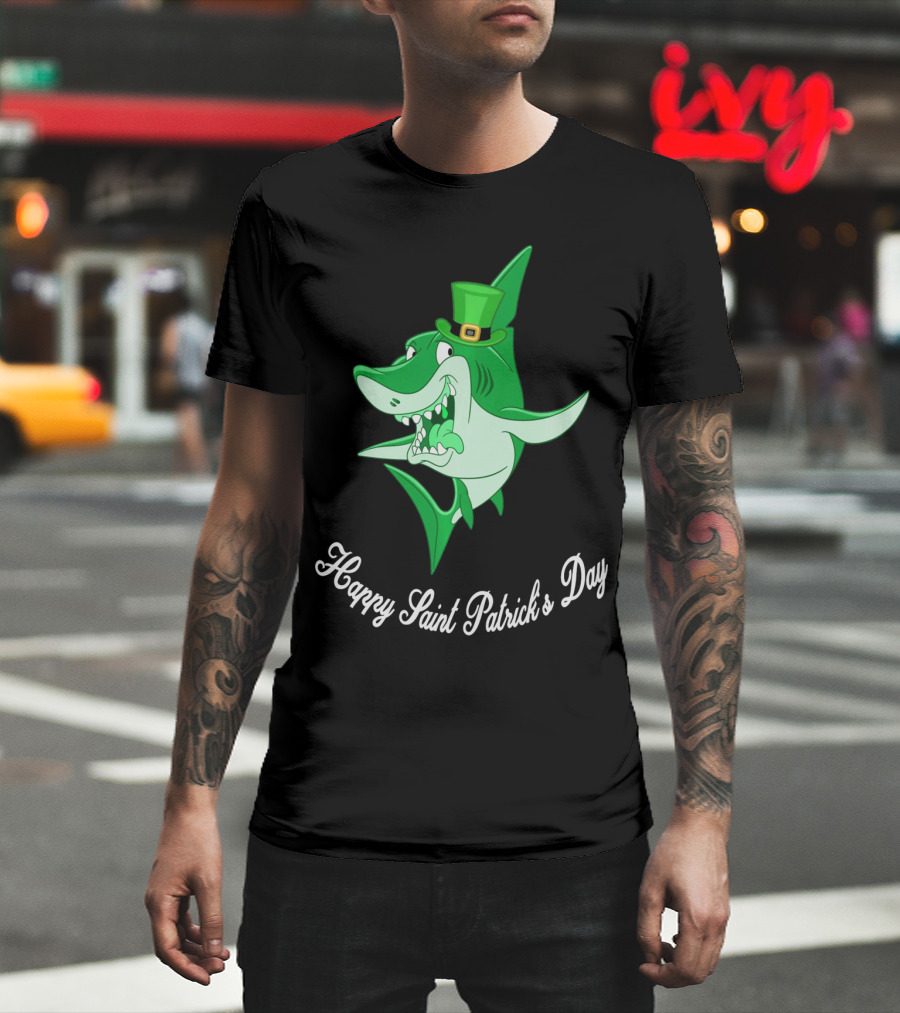 Happy Saint Patrick's Day Cute Shark Wearing Green Hat T-Shirt