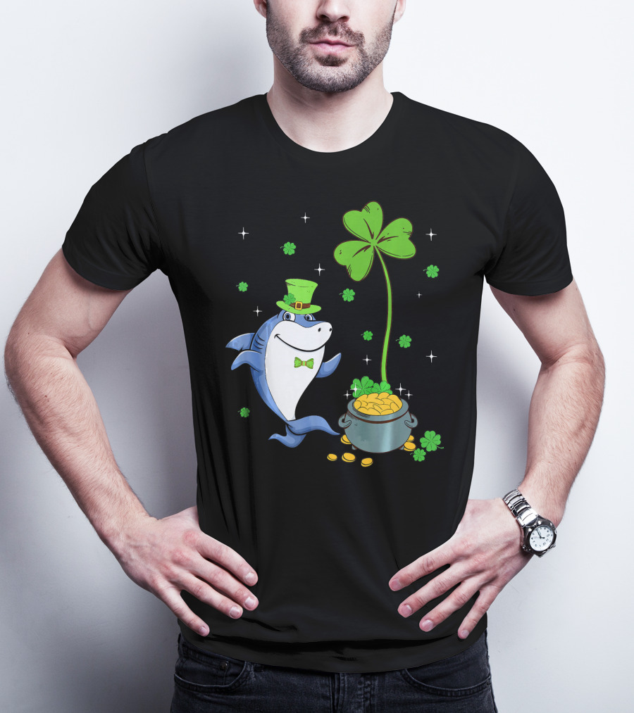 St Patricks Shamrock Leprechaun Shark With Pot Of Gold T-Shirt