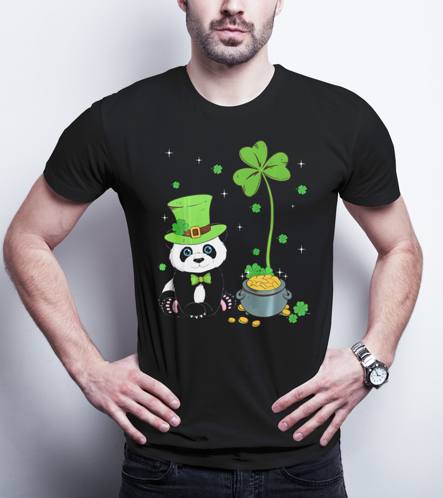 Shamrock Leprechaun Panda St Patricks Pot Of Gold T-Shirt