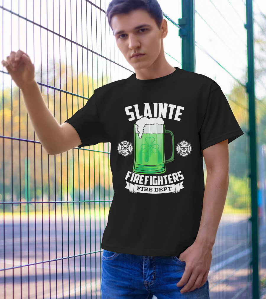 Slainte Shamrock Beer Firefighters Fire Dept T-Shirt
