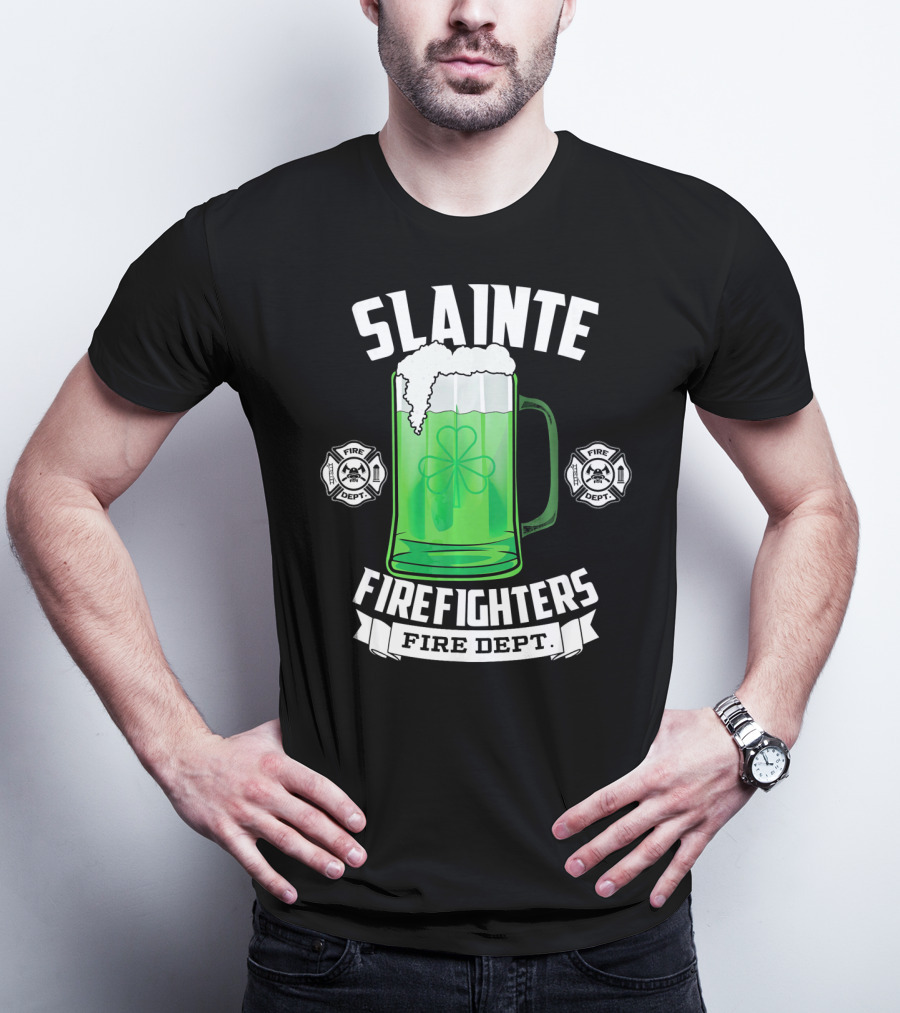 Slainte Shamrock Beer Firefighters Fire Dept T-Shirt