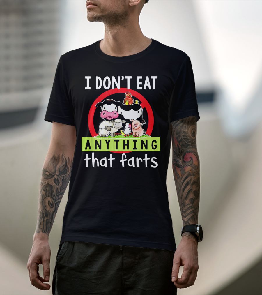 I Don't Eat Anything That Farts Vegetaria Cow Sheep Pig Chicken Cartoon T-Shirt