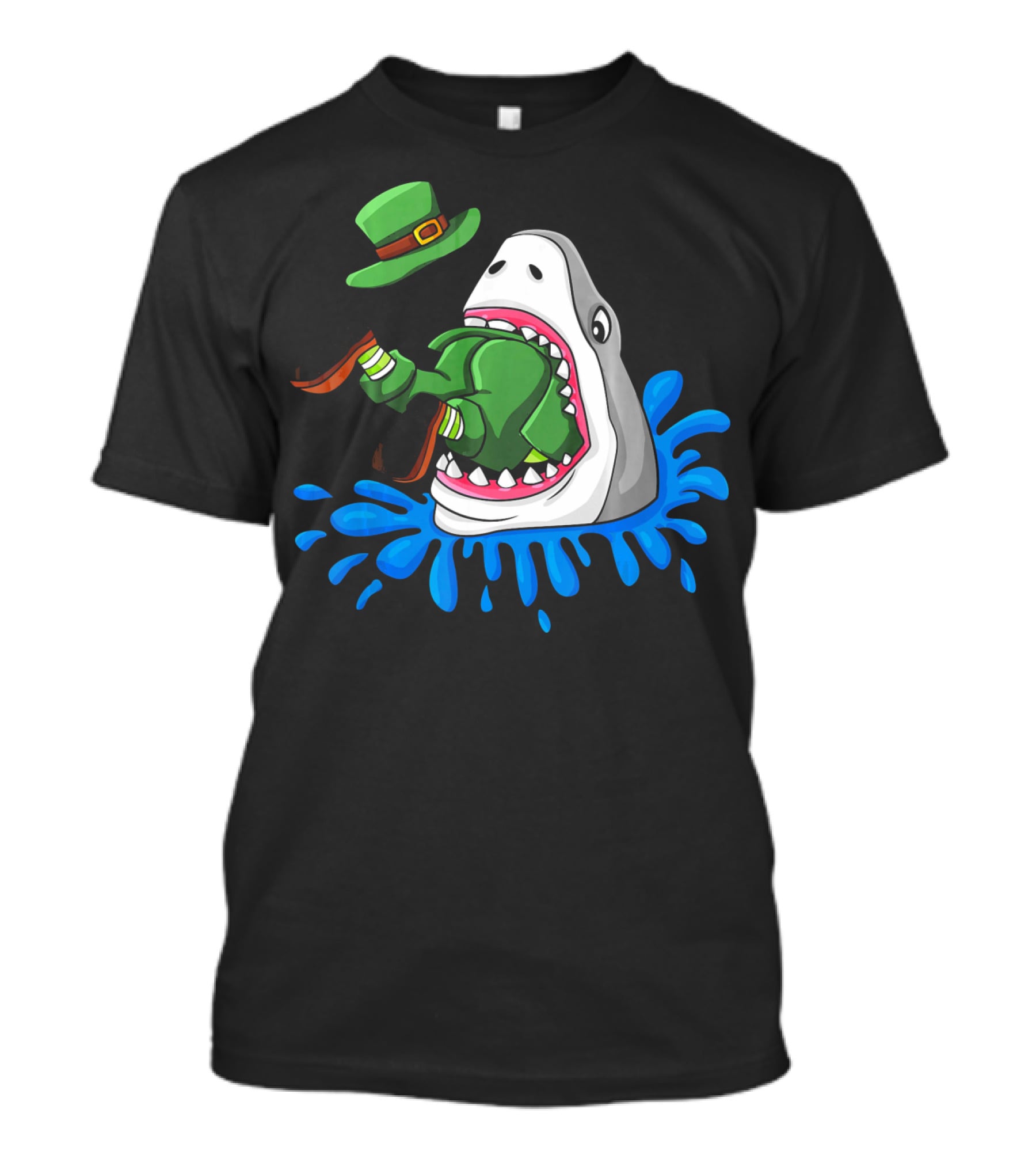 Shark Swallowing Green Leprechaun Hat Splashing Water T-Shirt