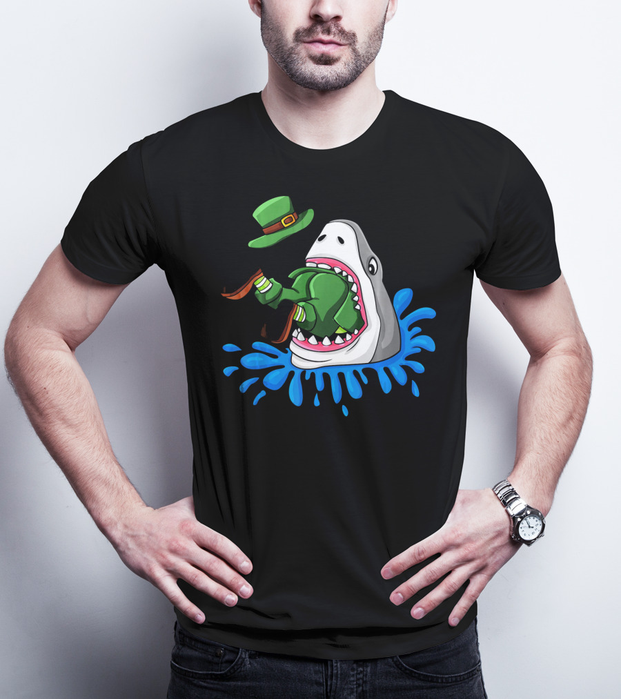 Shark Swallowing Green Leprechaun Hat Splashing Water T-Shirt