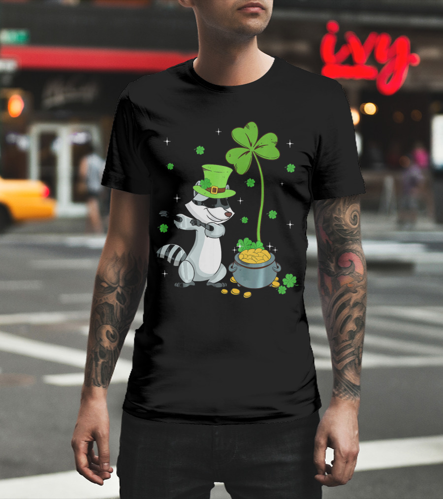 Shamrock Leprechaun Raccoon With Pot Of Gold And Clover St Patricks T-Shirt