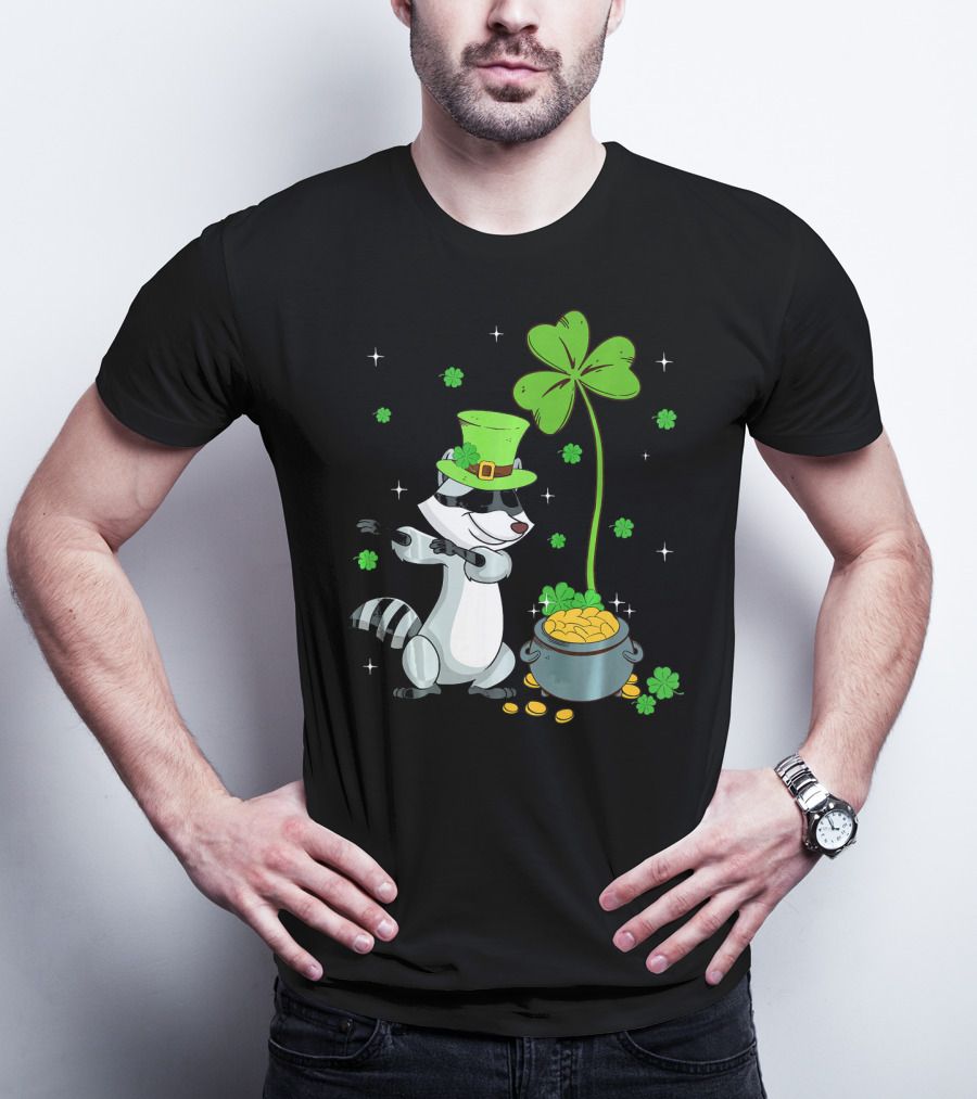 Shamrock Leprechaun Raccoon With Pot Of Gold And Clover St Patricks T-Shirt