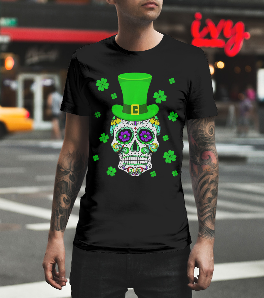 Leprechaun Sugar Skull Shamrock St Patrick's Day T-Shirt