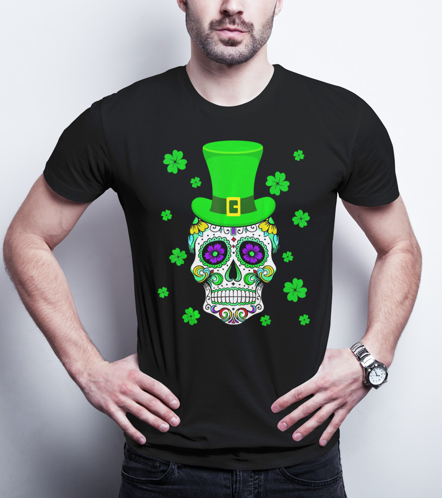Leprechaun Sugar Skull Shamrock St Patrick's Day T-Shirt