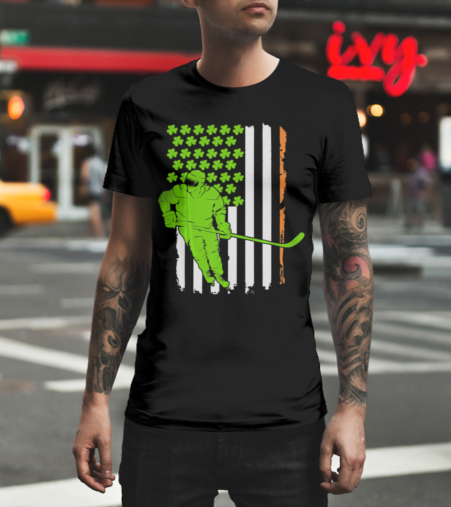 Irish American Flag St Pat Hockey Player Shamrock Stars T-Shirt