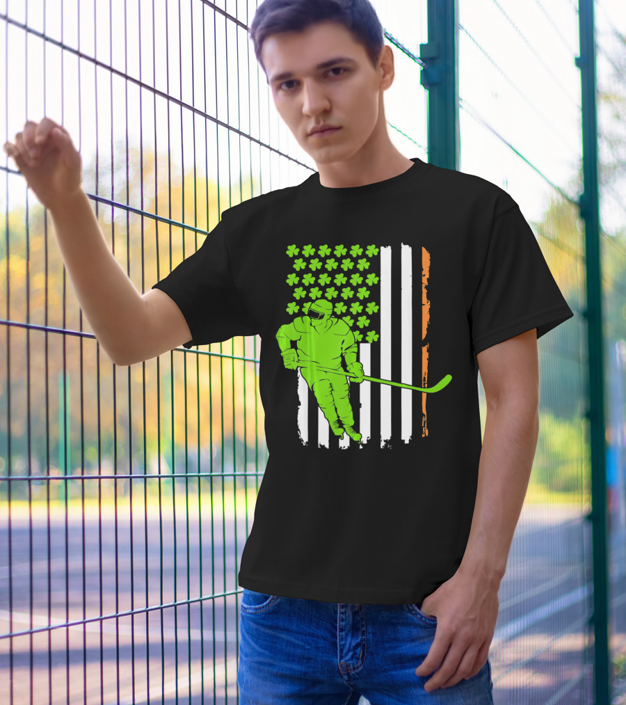 Irish American Flag St Pat Hockey Player Shamrock Stars T-Shirt
