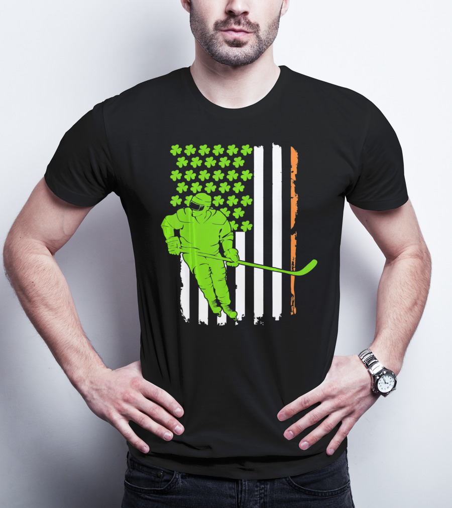Irish American Flag St Pat Hockey Player Shamrock Stars T-Shirt
