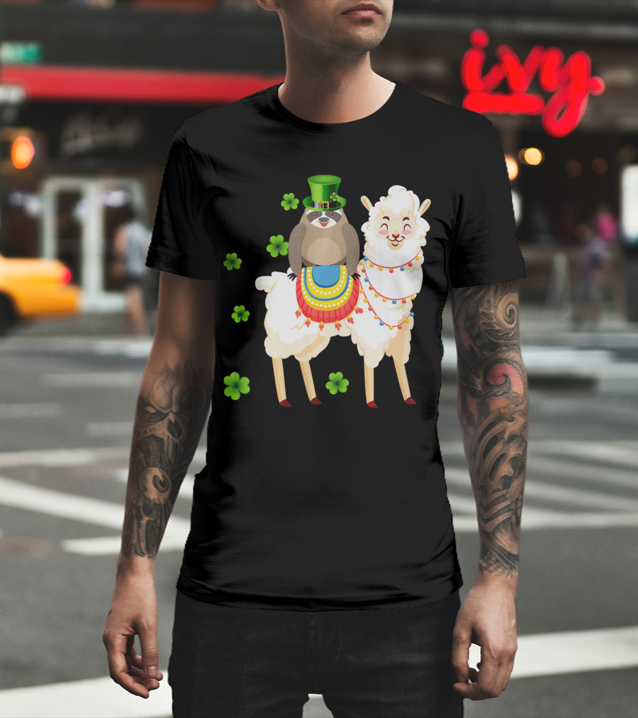 Leprechaun Sloth Riding Llama St Patrick's Day With Shamrocks T-Shirt