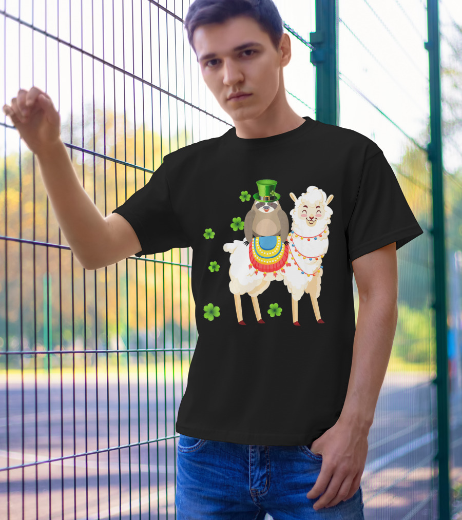 Leprechaun Sloth Riding Llama St Patrick's Day With Shamrocks T-Shirt