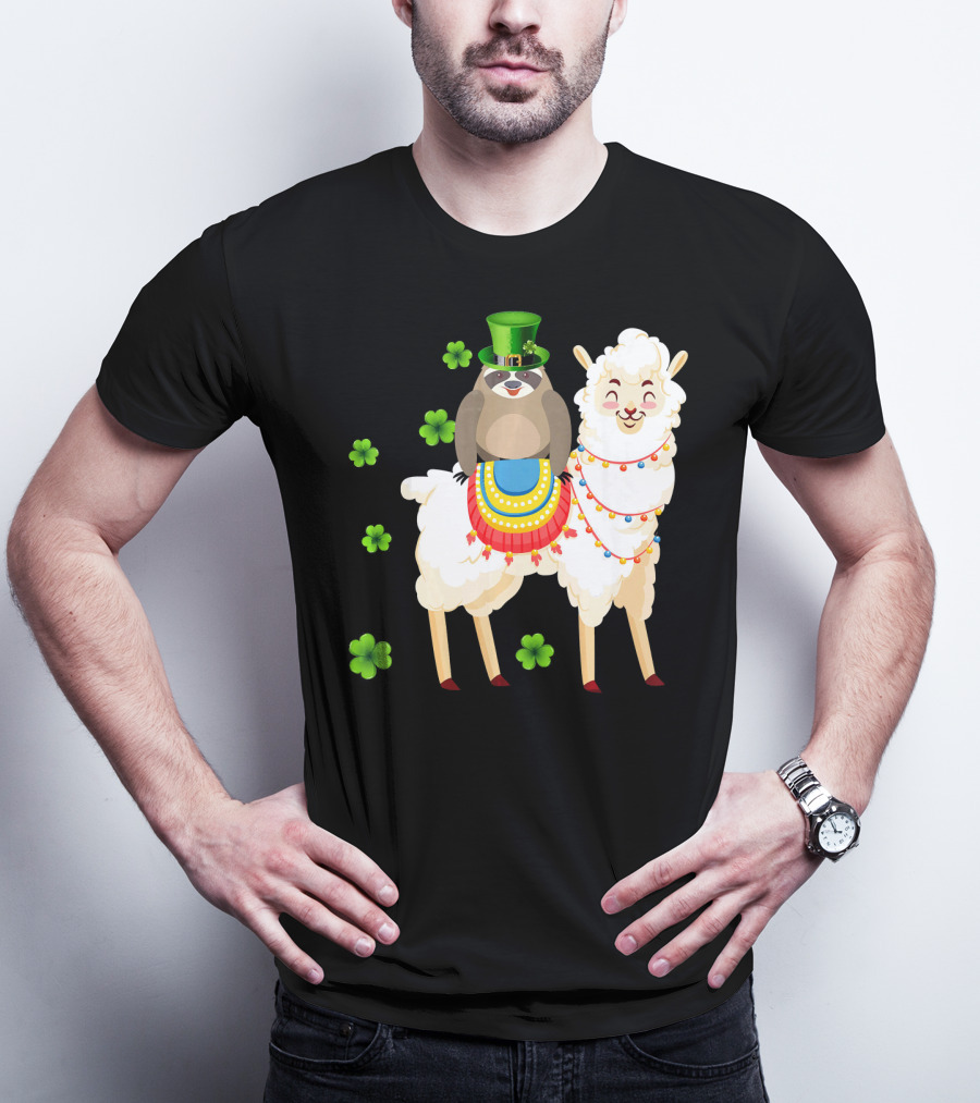 Leprechaun Sloth Riding Llama St Patrick's Day With Shamrocks T-Shirt