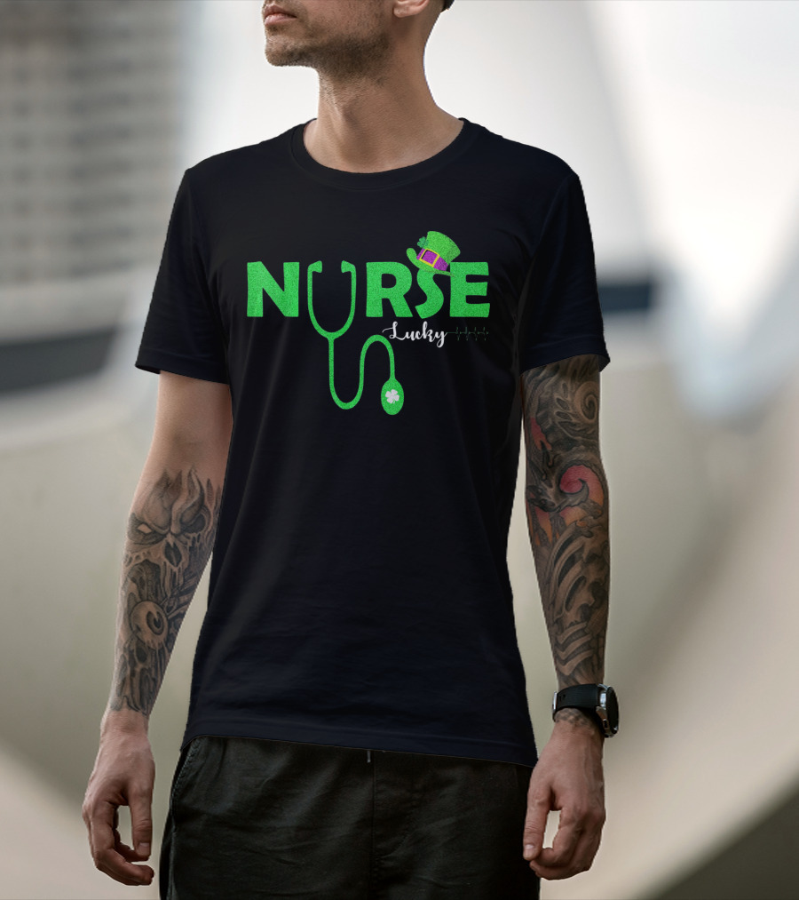 Lucky Nurse St. Patrick's Day With Shamrock Stethoscope And Leprechaun Hat T-Shirt