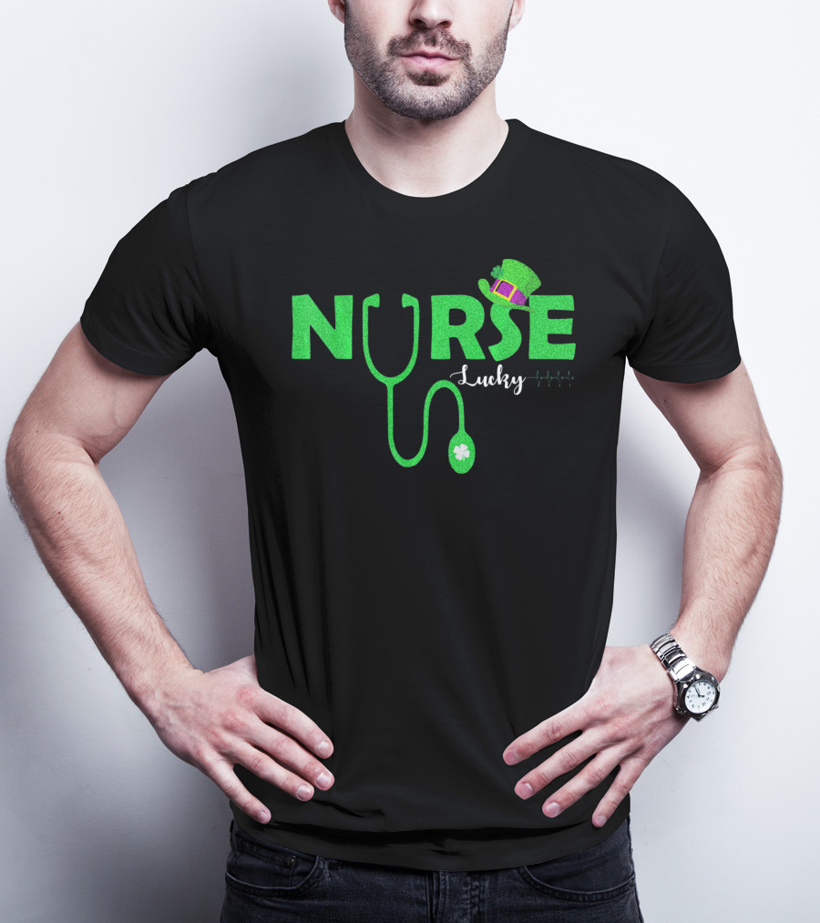 Lucky Nurse St. Patrick's Day With Shamrock Stethoscope And Leprechaun Hat T-Shirt