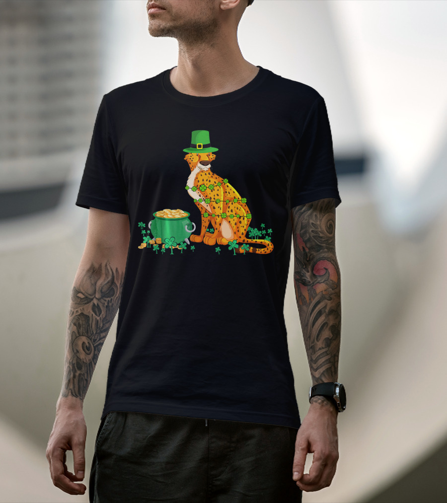 Leprechaun Cheetah Covered In Shamrocks With Pot Of Gold T-Shirt