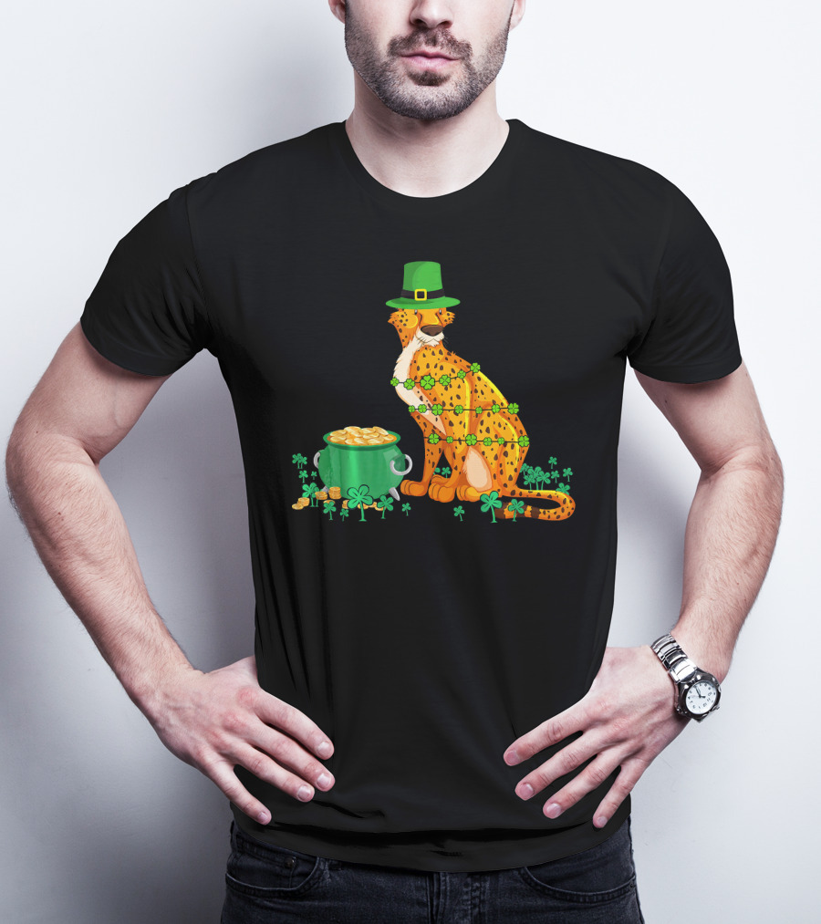 Leprechaun Cheetah Covered In Shamrocks With Pot Of Gold T-Shirt
