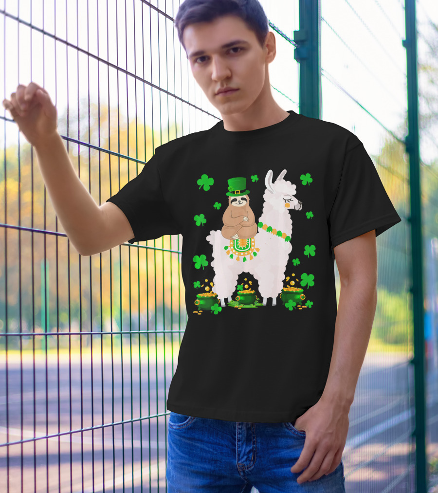 Leprechaun Sloth Riding Llama Surrounded By Shamrocks And Gold Coins St. Patric T-Shirt
