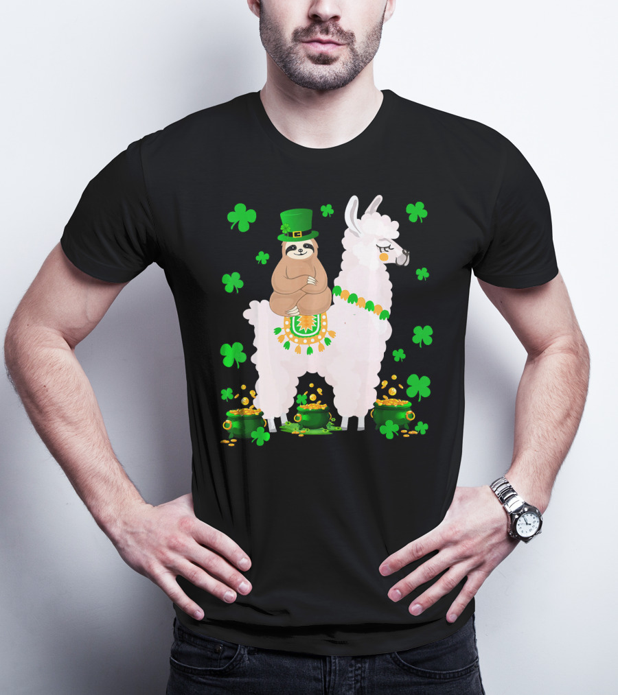 Leprechaun Sloth Riding Llama Surrounded By Shamrocks And Gold Coins St. Patric T-Shirt