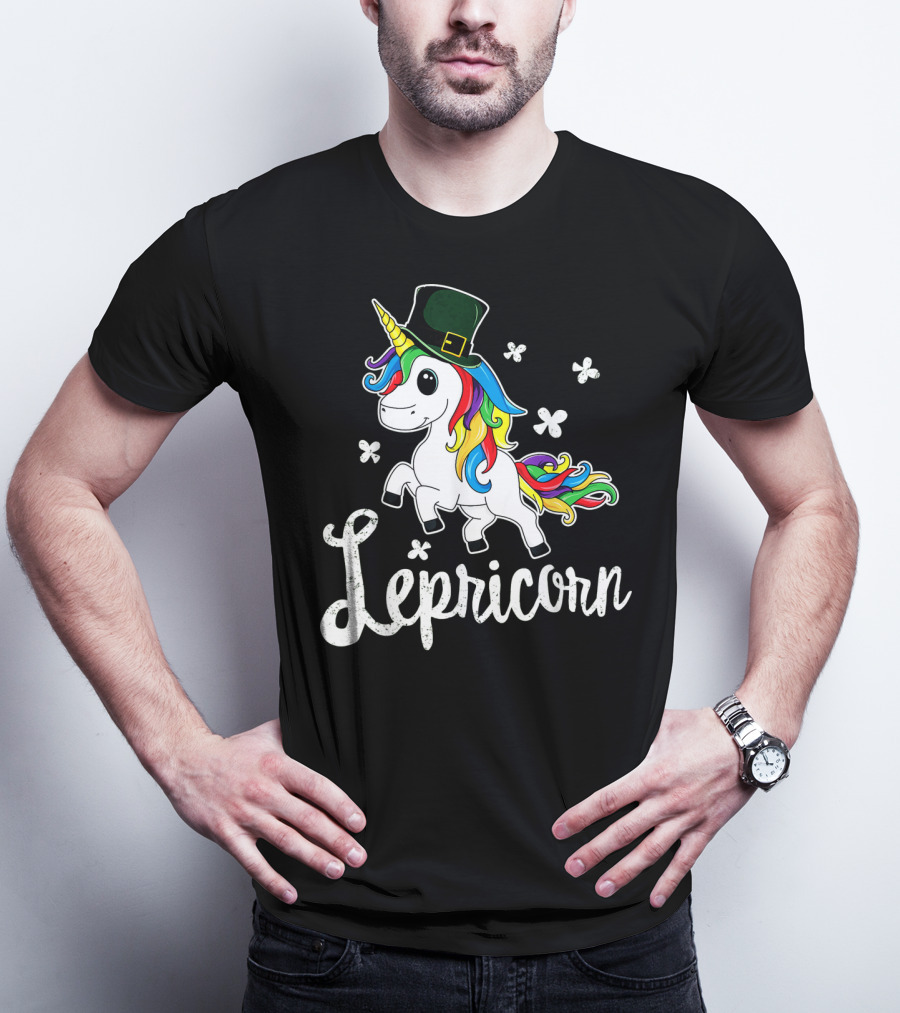 Lepricorn St Patricks Day Unicorn With Rainbow Mane And Leprechaun Hat T-Shirt