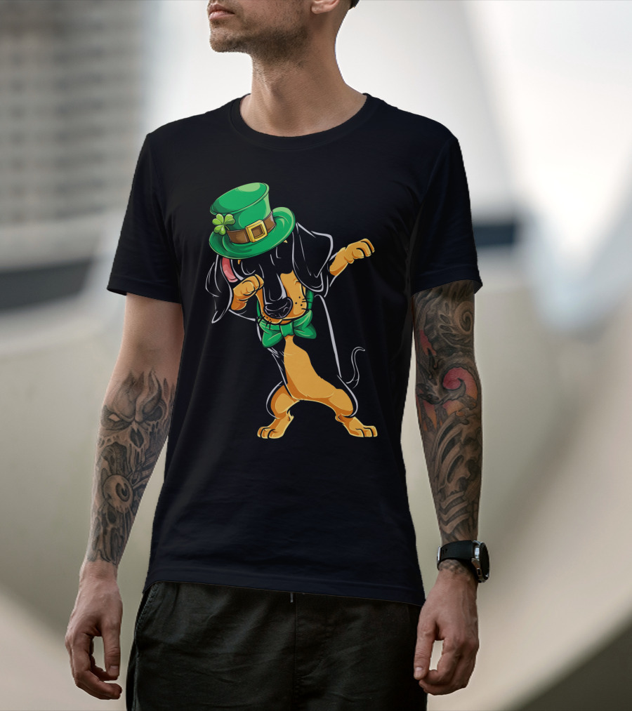 St. Patrick's Day Dabbing Dachshund With Green Hat And Bowtie T-Shirt