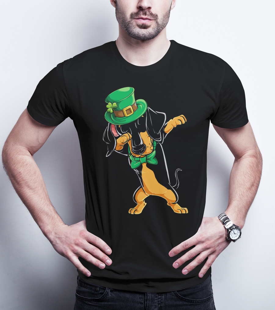 St. Patrick's Day Dabbing Dachshund With Green Hat And Bowtie T-Shirt