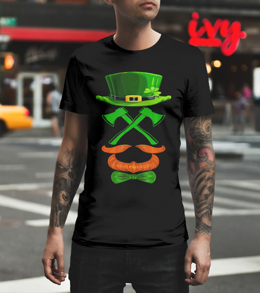 Leprechaun Hat And Crossed Axes With Orange Beard And Bow Tie T-Shirt