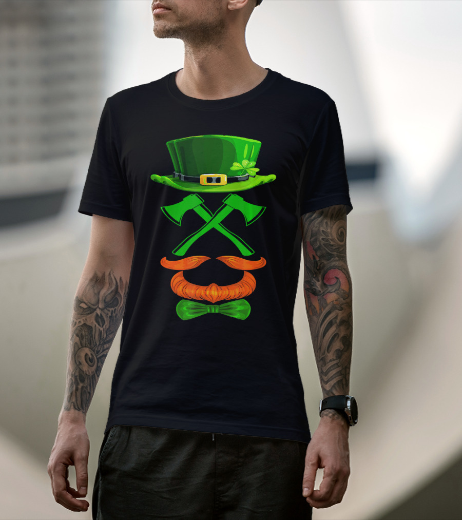 Leprechaun Hat And Crossed Axes With Orange Beard And Bow Tie T-Shirt