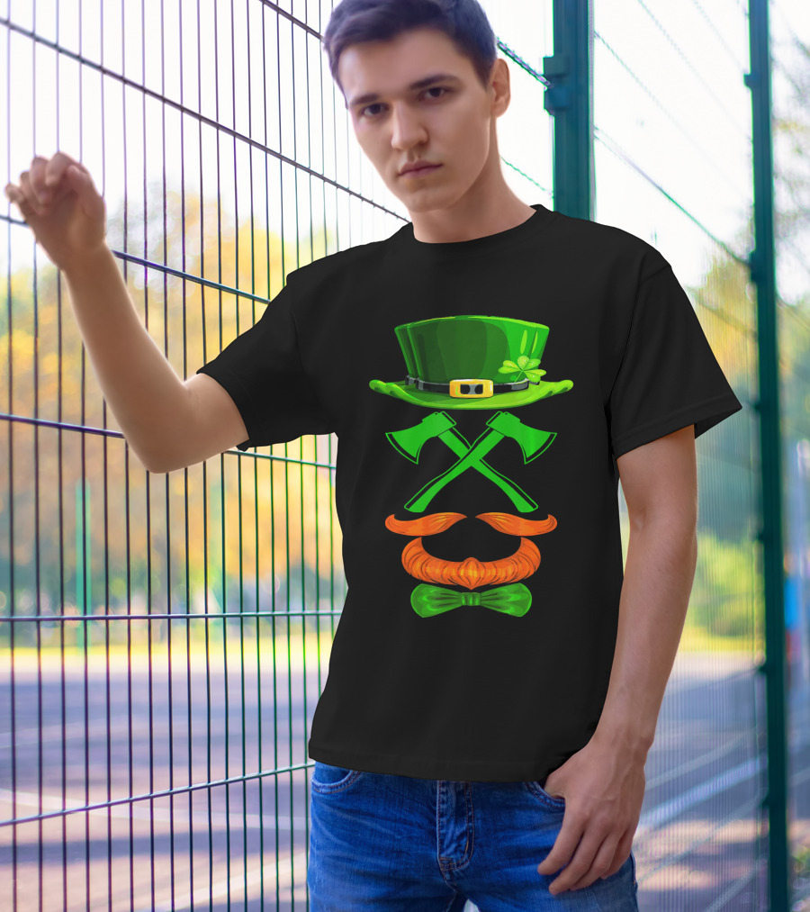 Leprechaun Hat And Crossed Axes With Orange Beard And Bow Tie T-Shirt