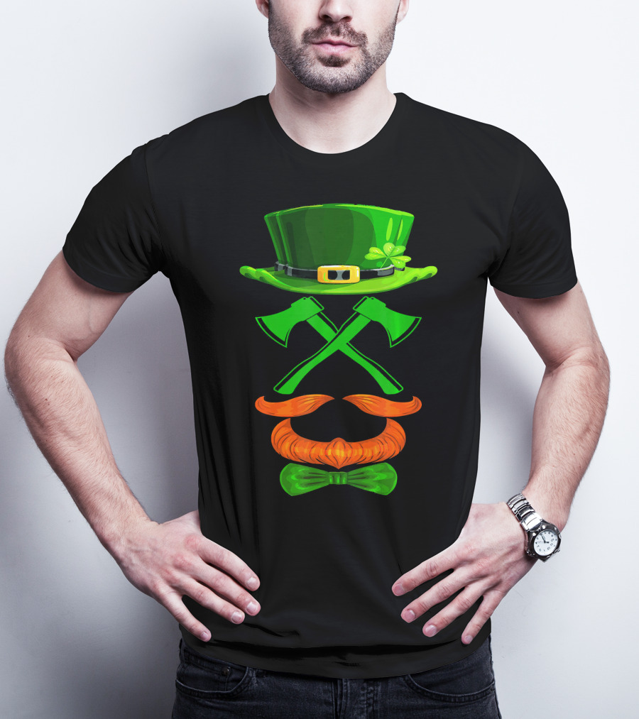 Leprechaun Hat And Crossed Axes With Orange Beard And Bow Tie T-Shirt