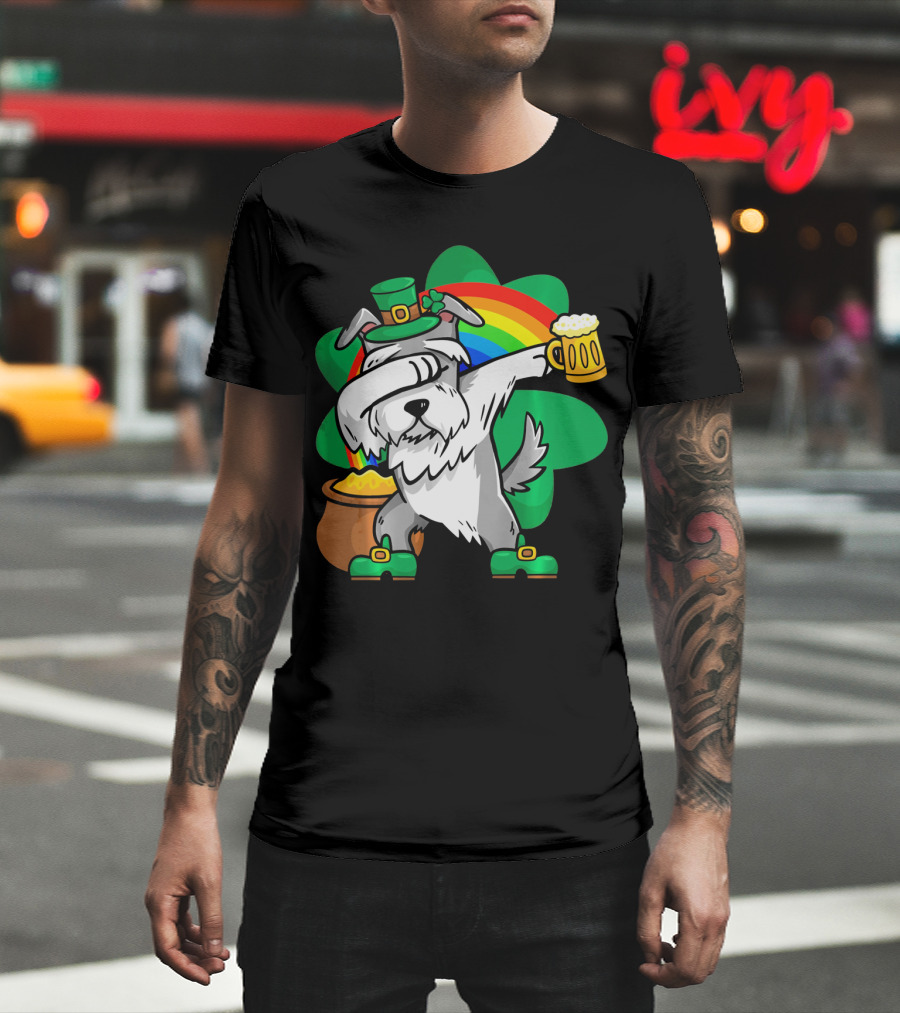 Funny Dabbing Schnauzer Leprechaun With Beer And Rainbow T-Shirt
