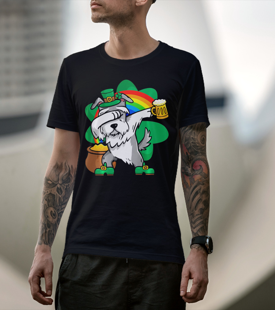 Funny Dabbing Schnauzer Leprechaun With Beer And Rainbow T-Shirt
