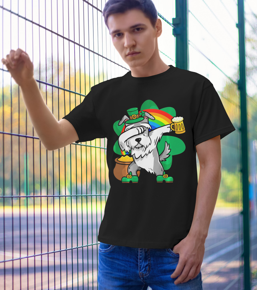 Funny Dabbing Schnauzer Leprechaun With Beer And Rainbow T-Shirt