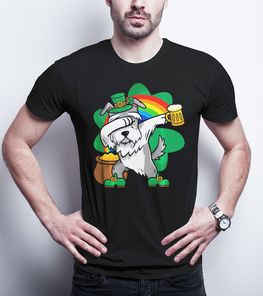 Funny Dabbing Schnauzer Leprechaun With Beer And Rainbow T-Shirt
