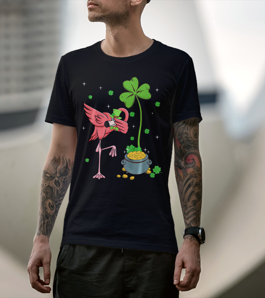 Shamrock Leprechaun Flamingo St Patricks Pot Of Gold T-Shirt