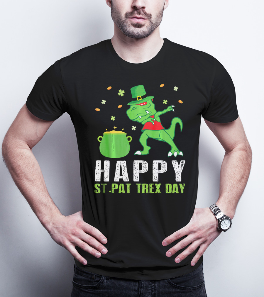 Happy St. Pat T-Rex Day Dinosaur Leprechaun Dabbing Pot Gold T-Shirt