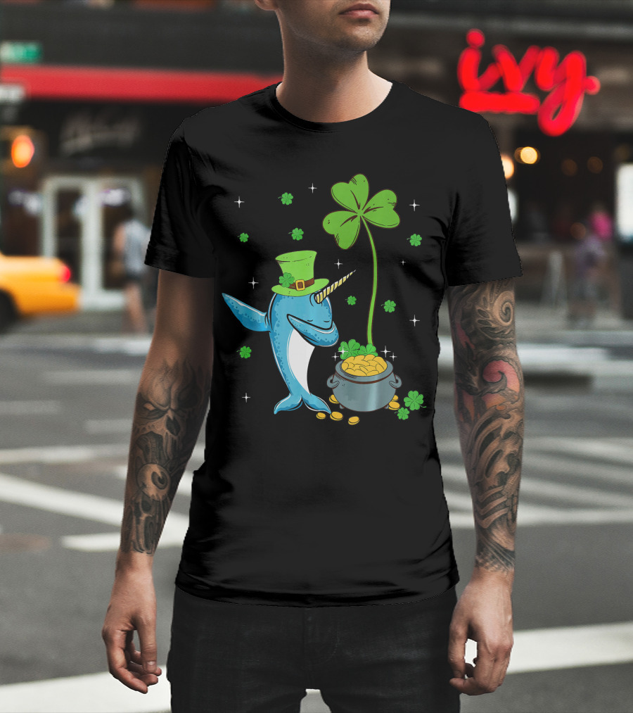 Shamrock Leprechaun Narwhal With Pot Of Gold St Patricks T-Shirt