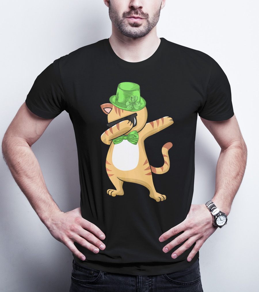 Dabbing Cat St Patricks Day Leprechaun Green Hat Clover Bow Tie T-Shirt