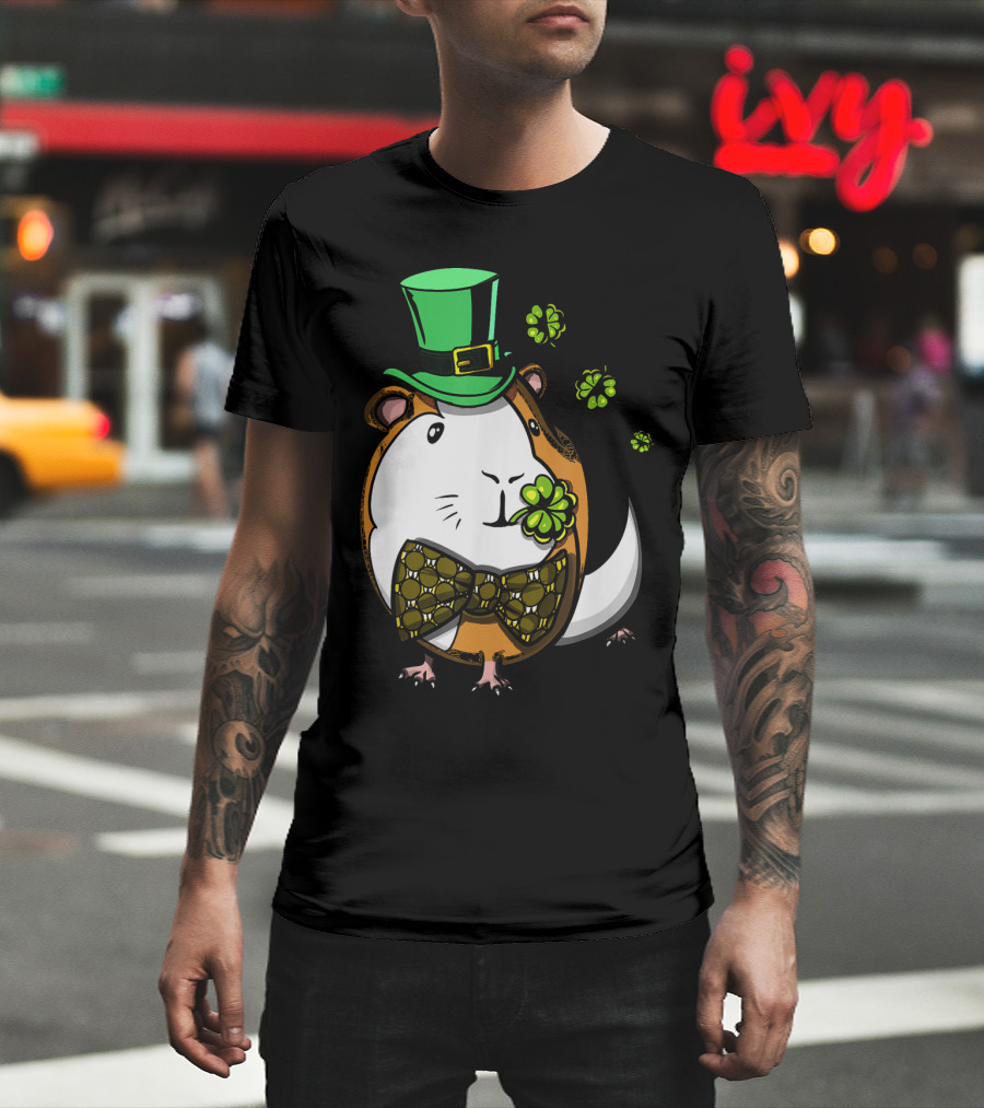 Leprechaun Guinea Pig St Patricks Irish Clover Bow Tie Green Hat T-Shirt