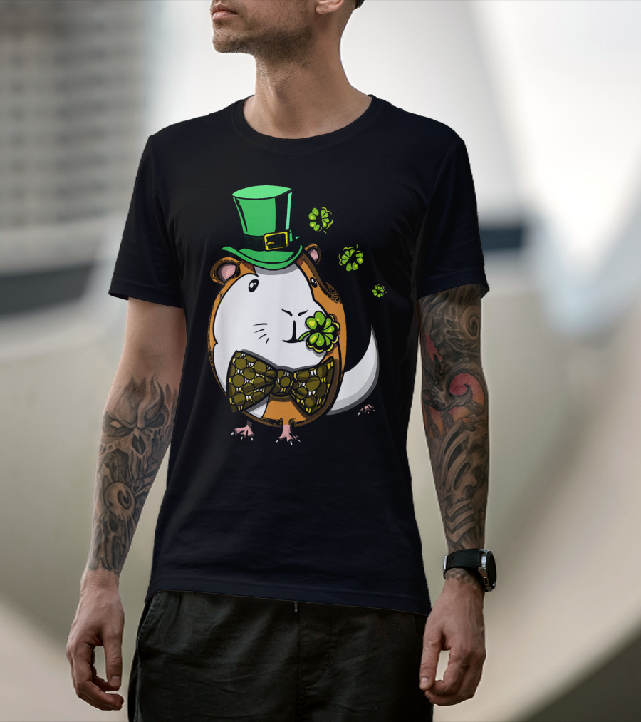 Leprechaun Guinea Pig St Patricks Irish Clover Bow Tie Green Hat T-Shirt