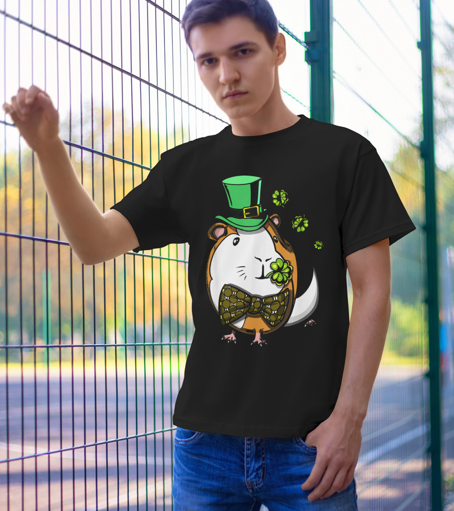 Leprechaun Guinea Pig St Patricks Irish Clover Bow Tie Green Hat T-Shirt