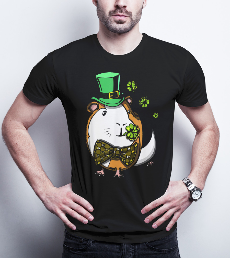Leprechaun Guinea Pig St Patricks Irish Clover Bow Tie Green Hat T-Shirt