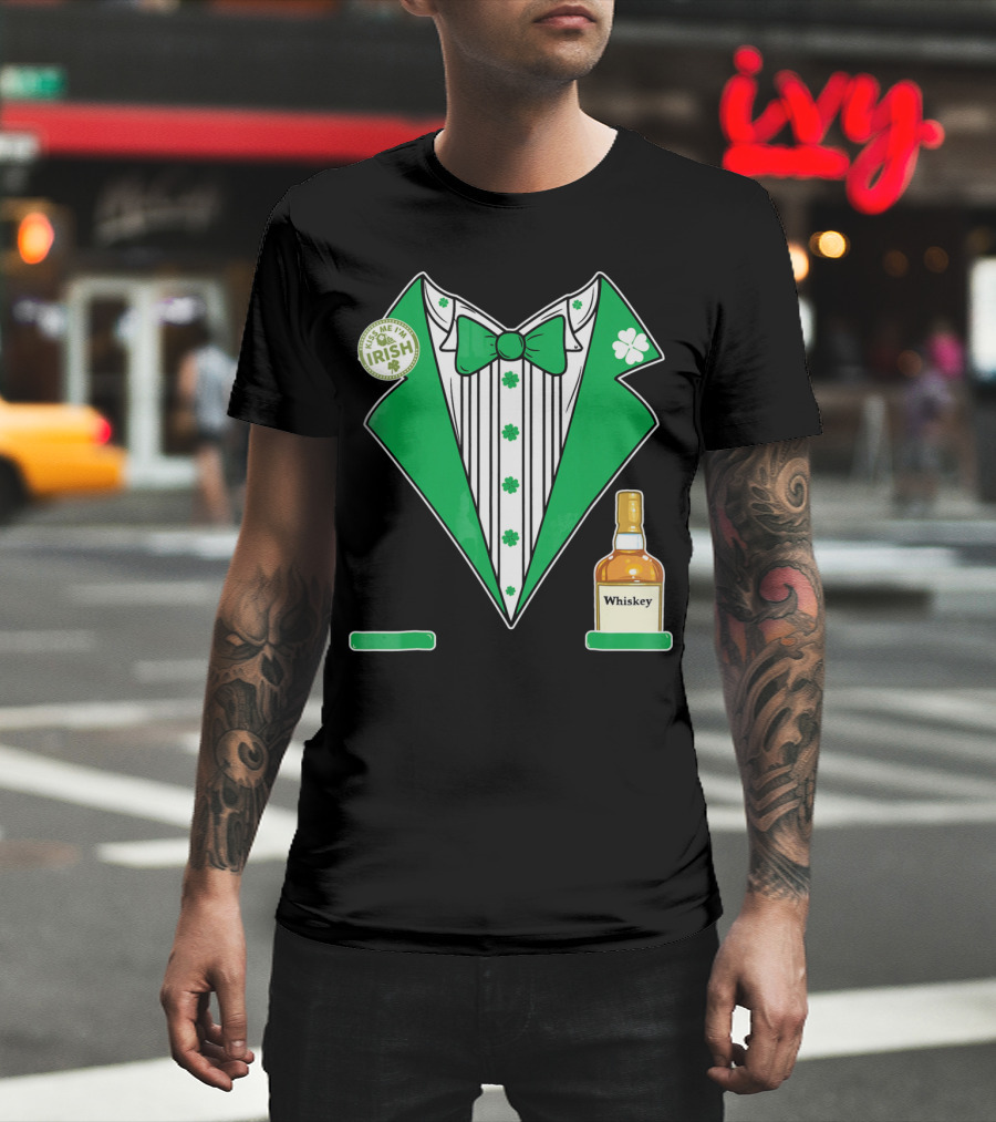 Kiss Me I'm Irish St. Patrick's Day Tuxedo With Whiskey Bottle And Shamrock T-Shirt