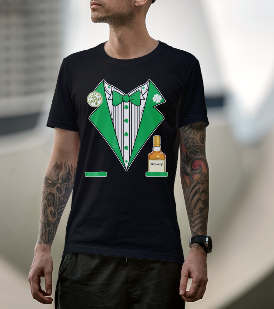Kiss Me I'm Irish St. Patrick's Day Tuxedo With Whiskey Bottle And Shamrock T-Shirt