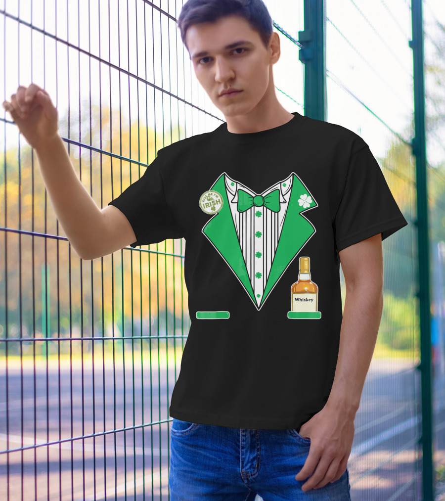Kiss Me I'm Irish St. Patrick's Day Tuxedo With Whiskey Bottle And Shamrock T-Shirt