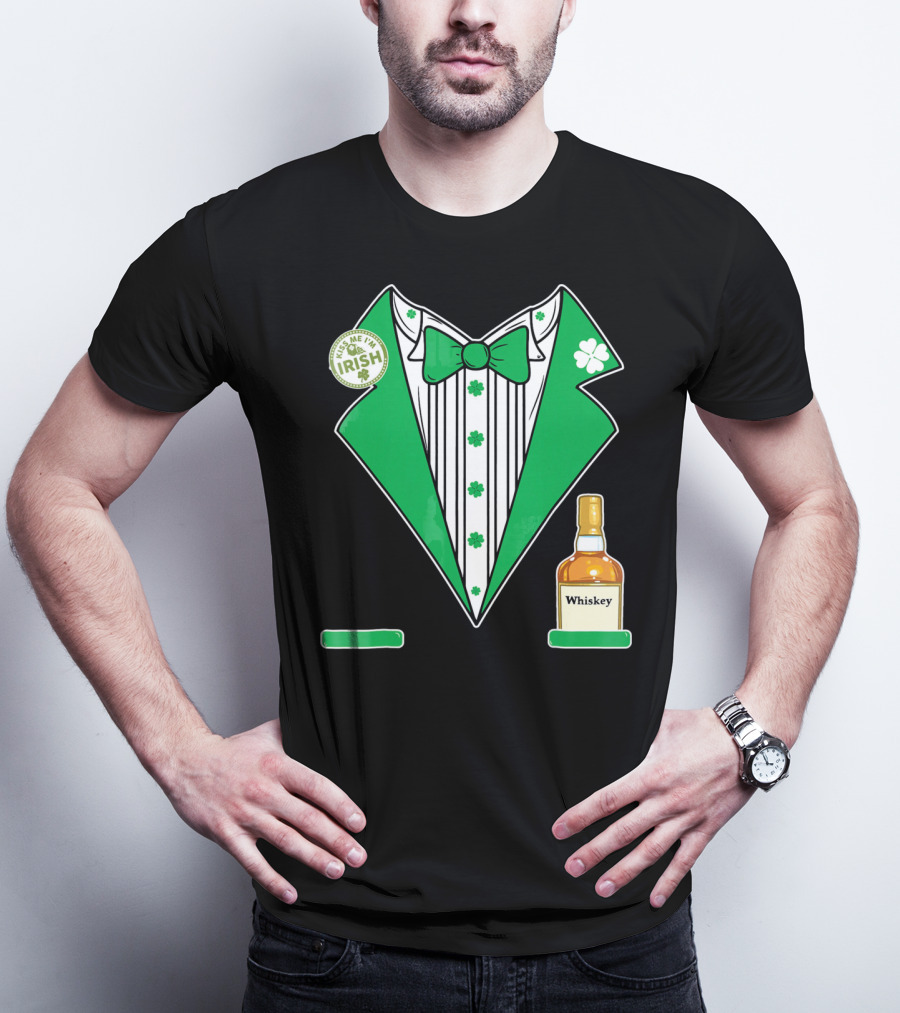 Kiss Me I'm Irish St. Patrick's Day Tuxedo With Whiskey Bottle And Shamrock T-Shirt